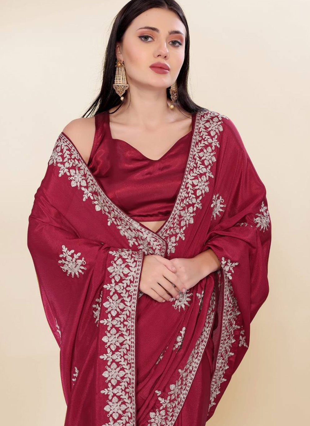 Buy Maroon and Rani Embroidered Work Chinon Classic Saree Online