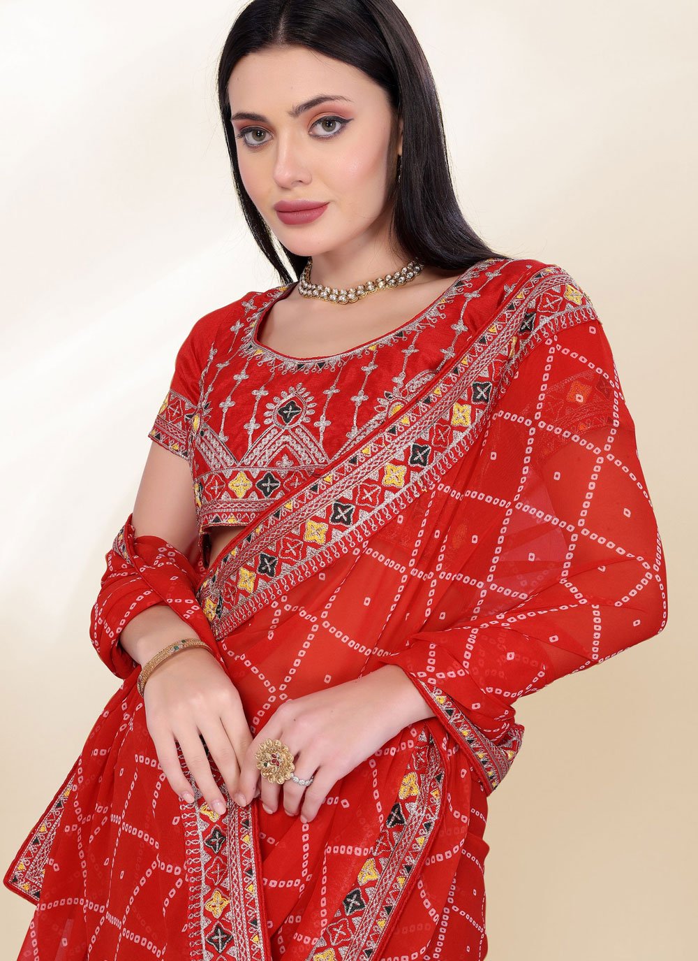 Shop Patch Border, Embroidered and Foil Print Work Georgette Classic ...