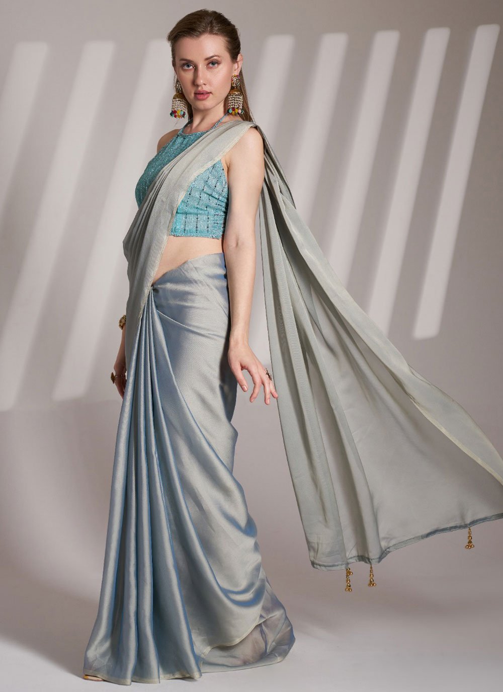 Plain Work Rangoli Contemporary Sari In Silver Buy Online