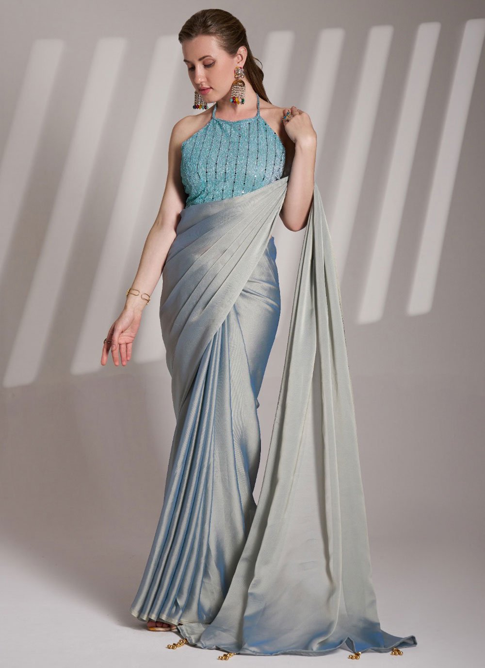 Plain Work Rangoli Contemporary Sari In Silver Buy Online