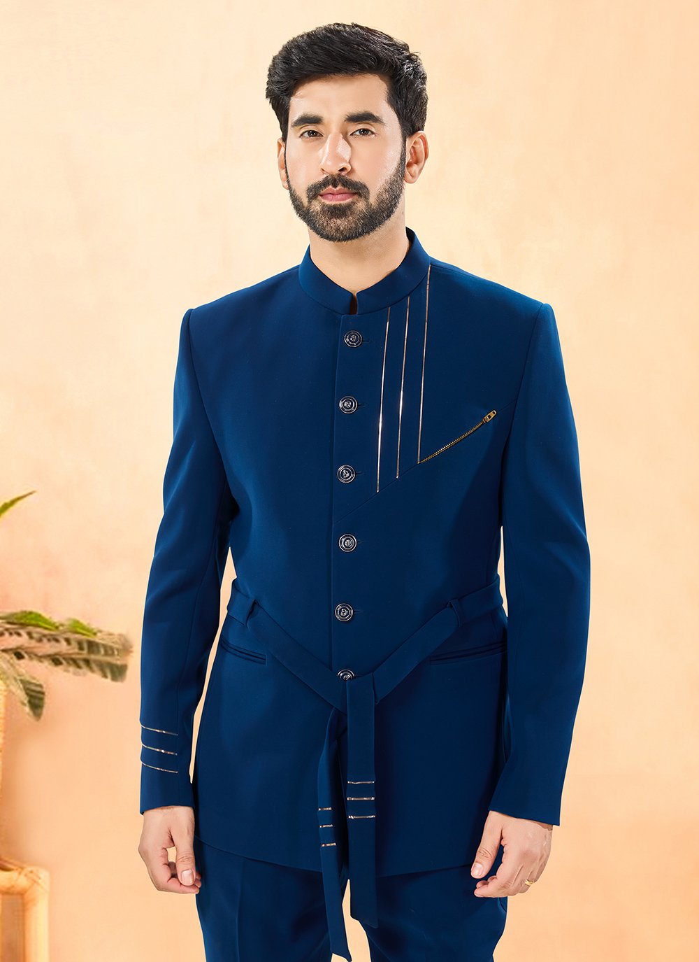Shop Online Plain Work Suiting Jodhpuri Suit In Blue for Ceremonial ...