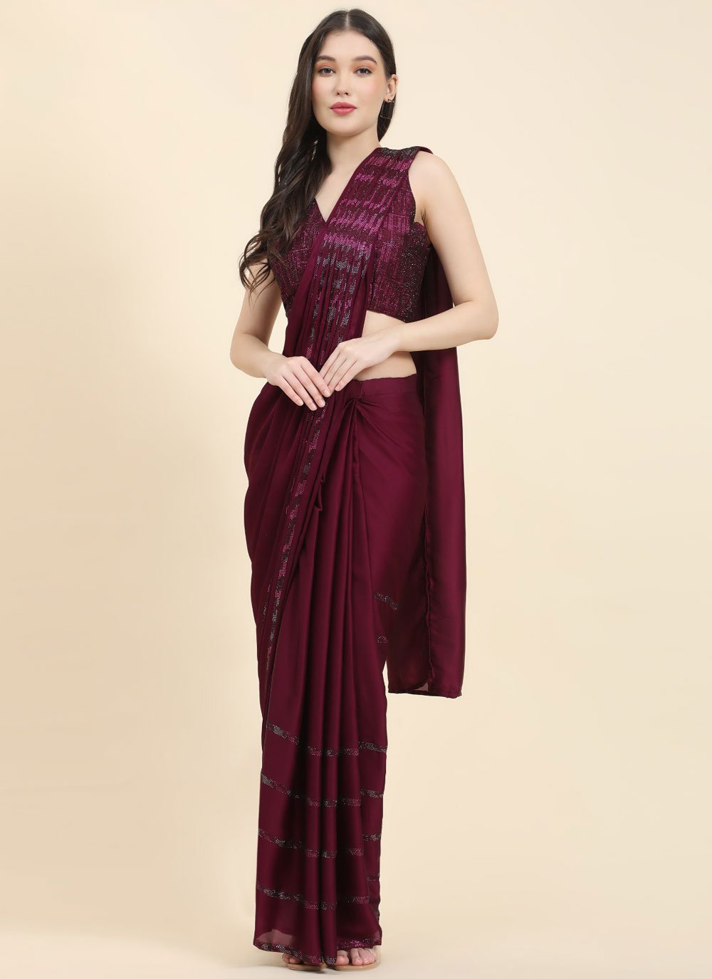Shop Satin Classic Sari with Fancy and Stone Work Online : 306508