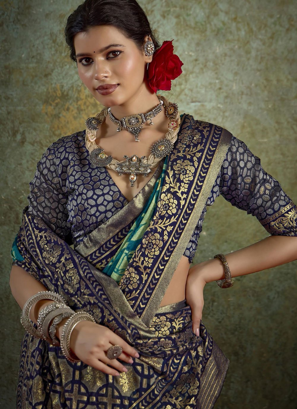 Shop Online Silk Designer Saree In Firozi : 316270