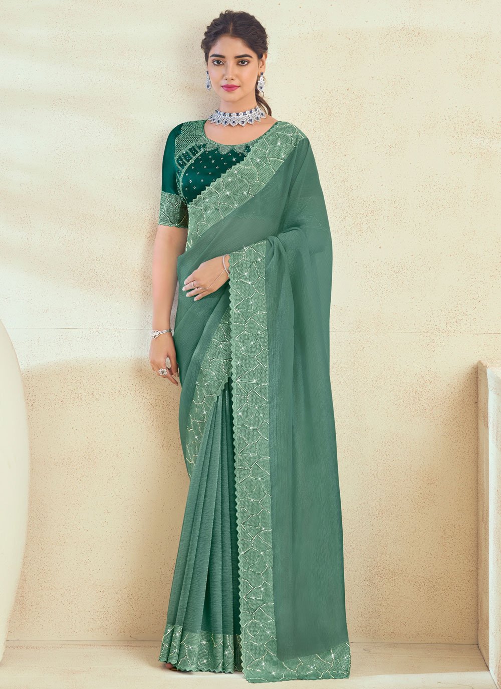 Buy Teal Silk Fancy, Moti and Thread Work Contemporary Saree : 307461