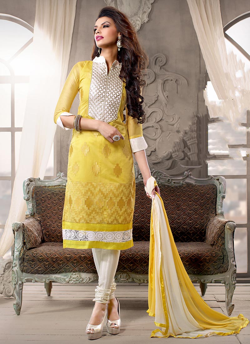 Yellow Chanderi Cotton Churidar Suit