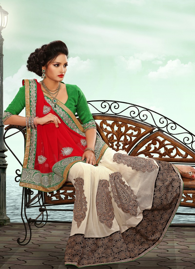 Red And Beige Booti Work Lehenga Saree