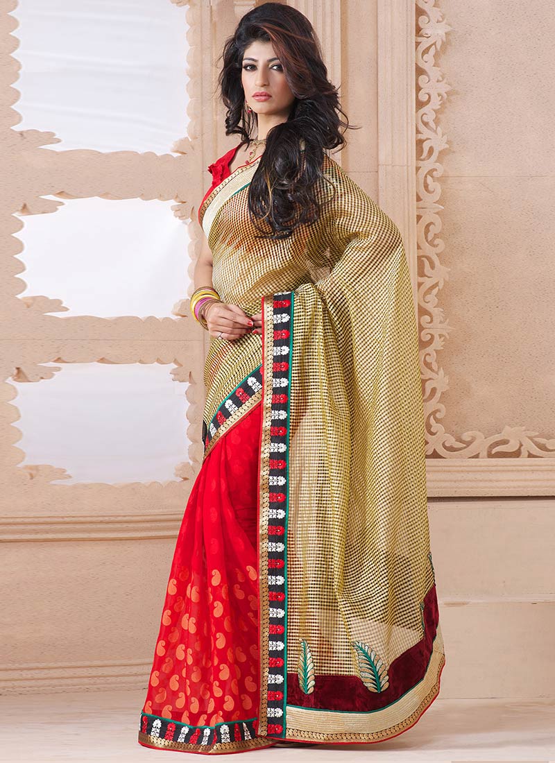 Red And Beige Half And Half Saree
