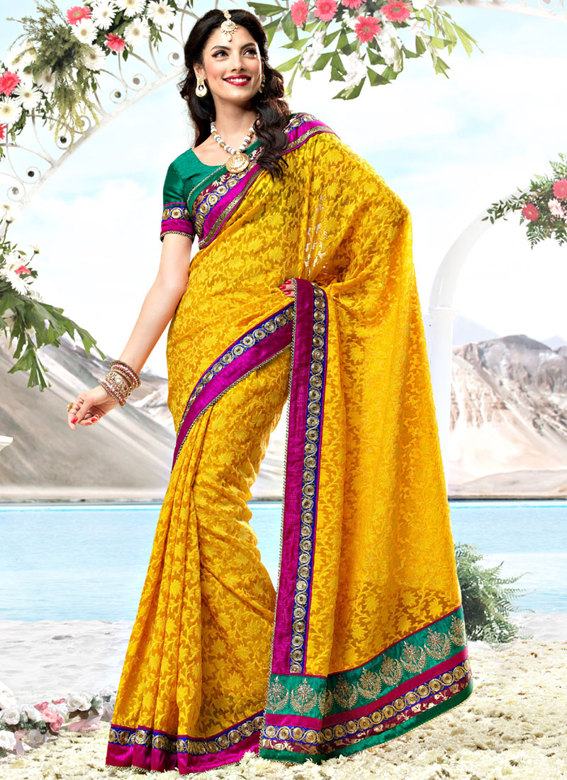 Yellow Fancy Net Saree