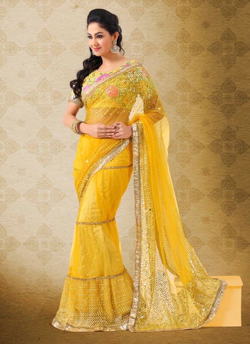 Yellow Sequins Work Net Lehenga Style Saree