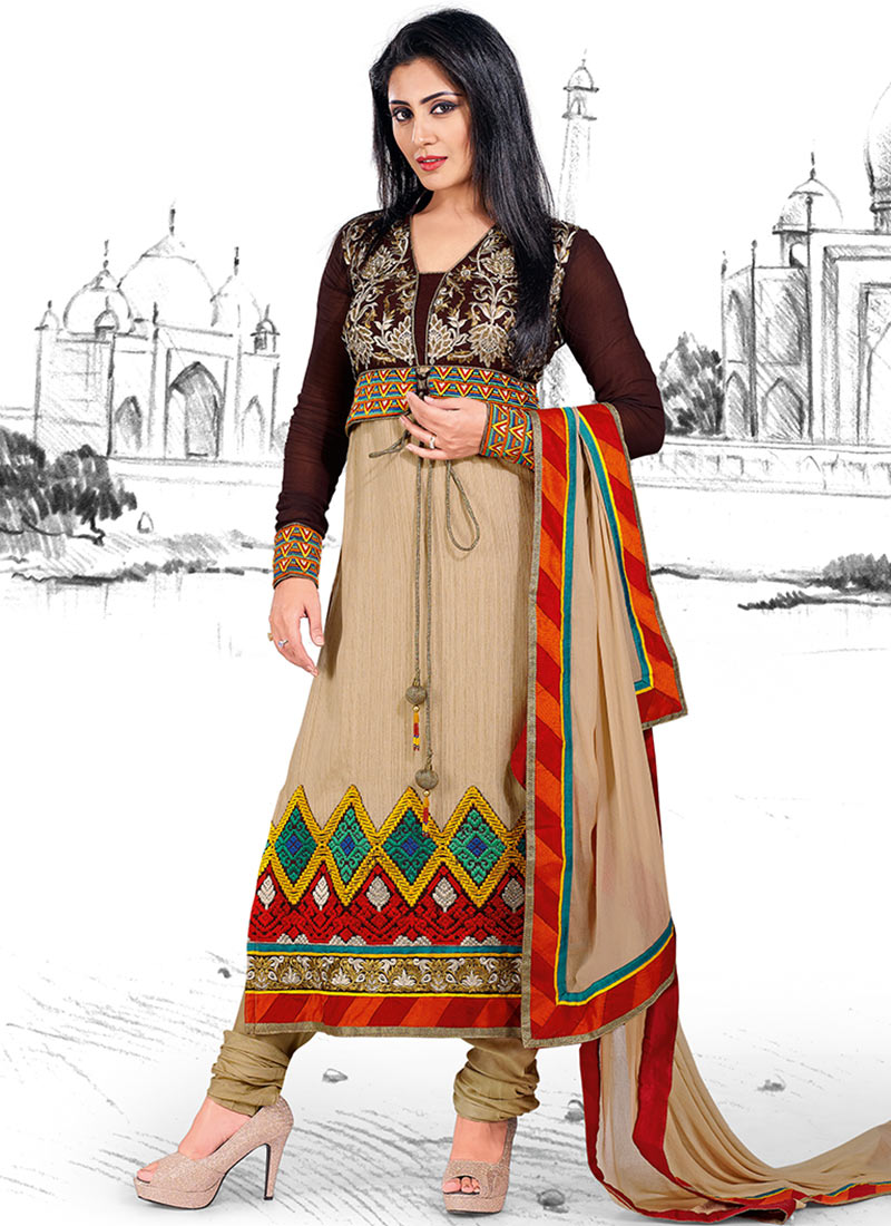 Beige Kota Jute Churidar Suit