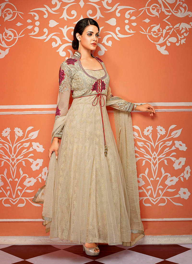 Beige Net And Georgette Anarkali Suit