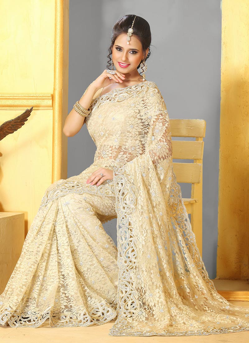 Cream Super Net Designer Saree