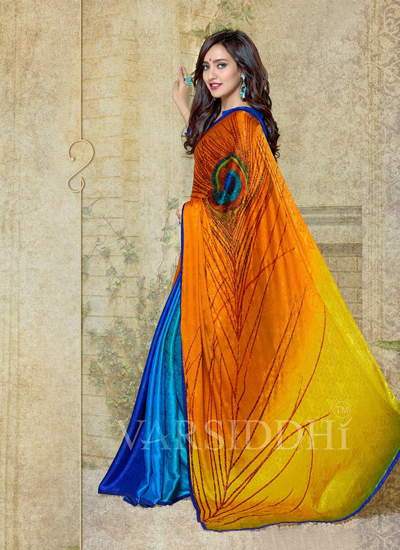 Neha Sharma Blue And Orange Shaded Silk Crape Saree