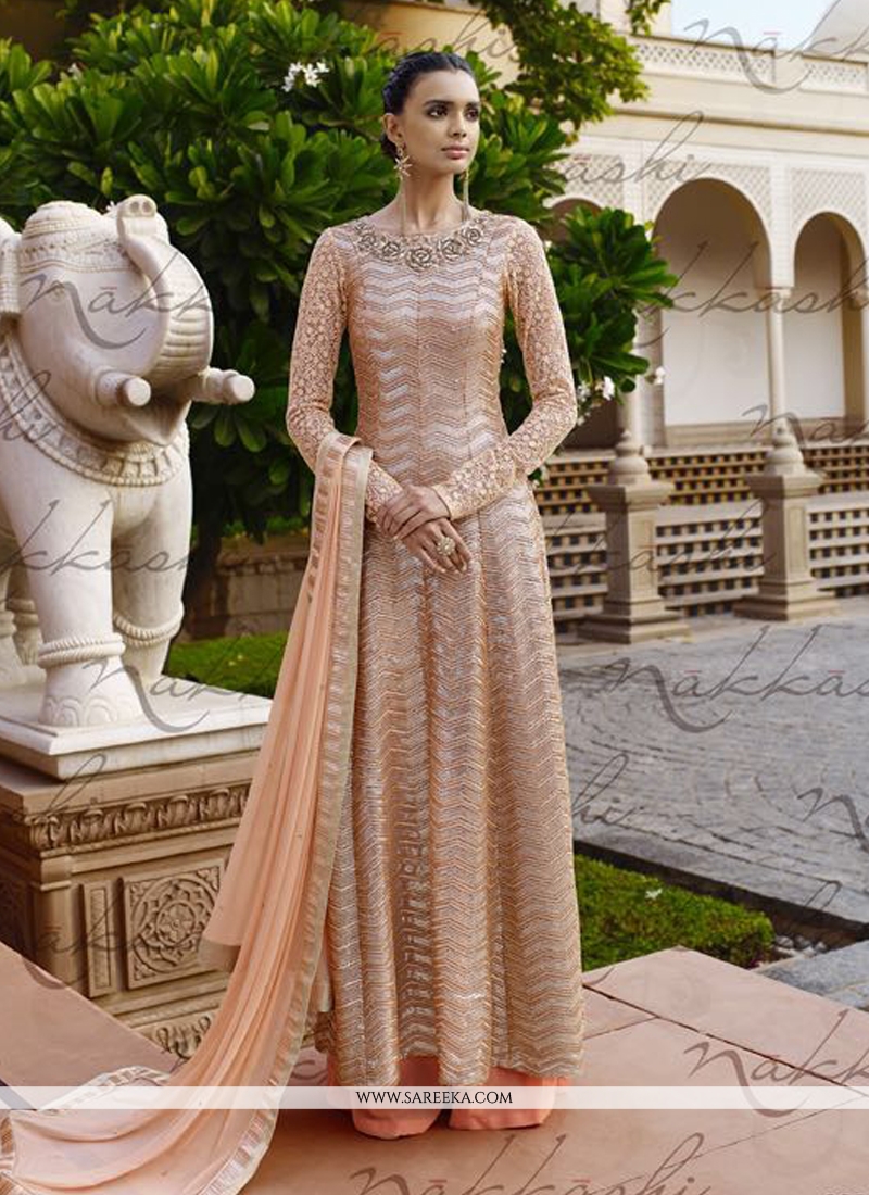 Embroidered Work Beige Net Designer Suit