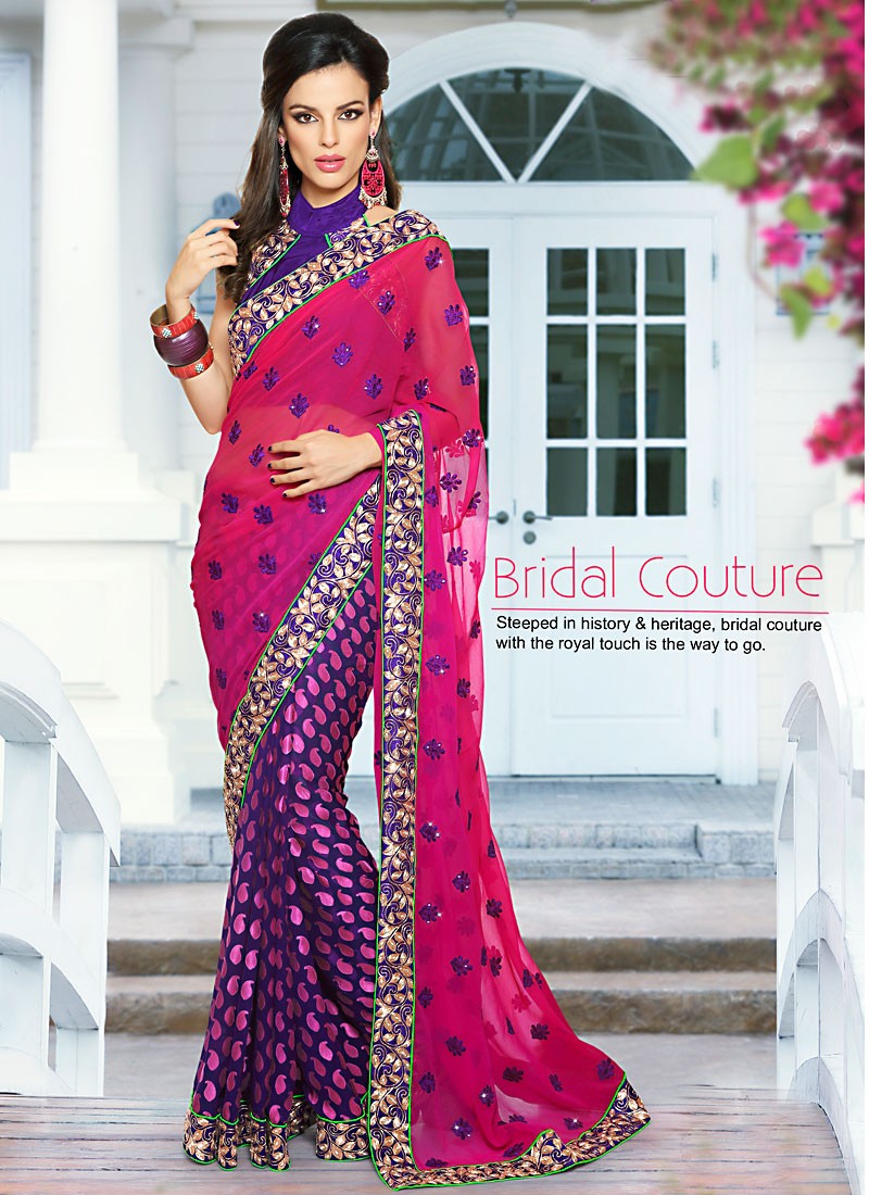 Contemporary Deep Purple & Pink Embroidered Saree