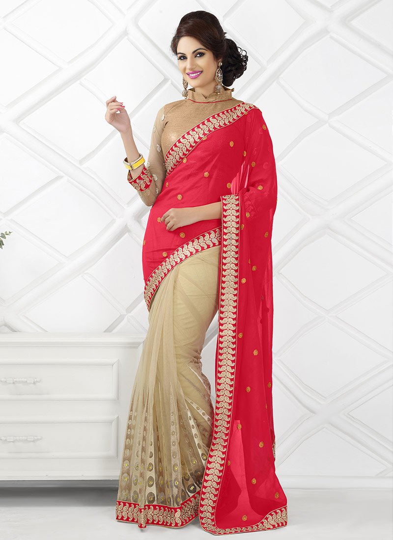 Cream And Red Net Saree