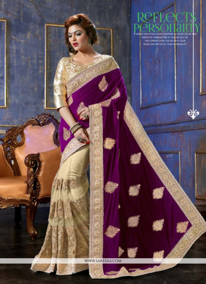 Cream And Violet Velvet Designer Saree