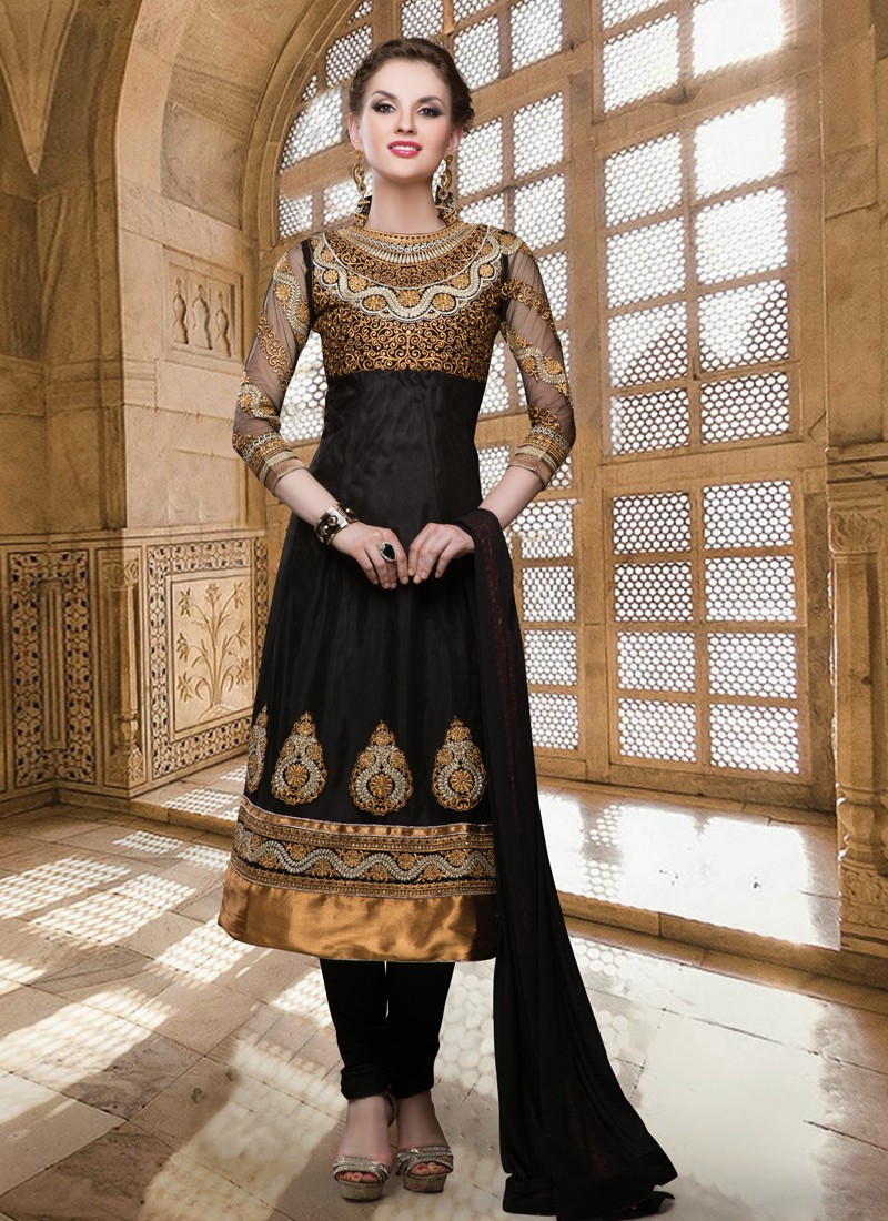 Black Applique Work Net Churidar Suit