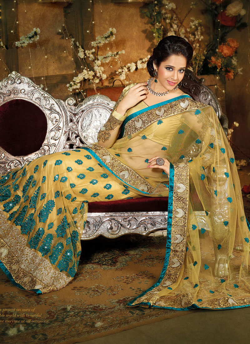 Gold Color Net Lehenga Saree