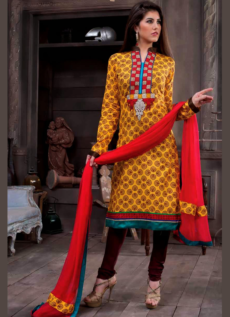 Yellow Cotton Printed Churidar Suit