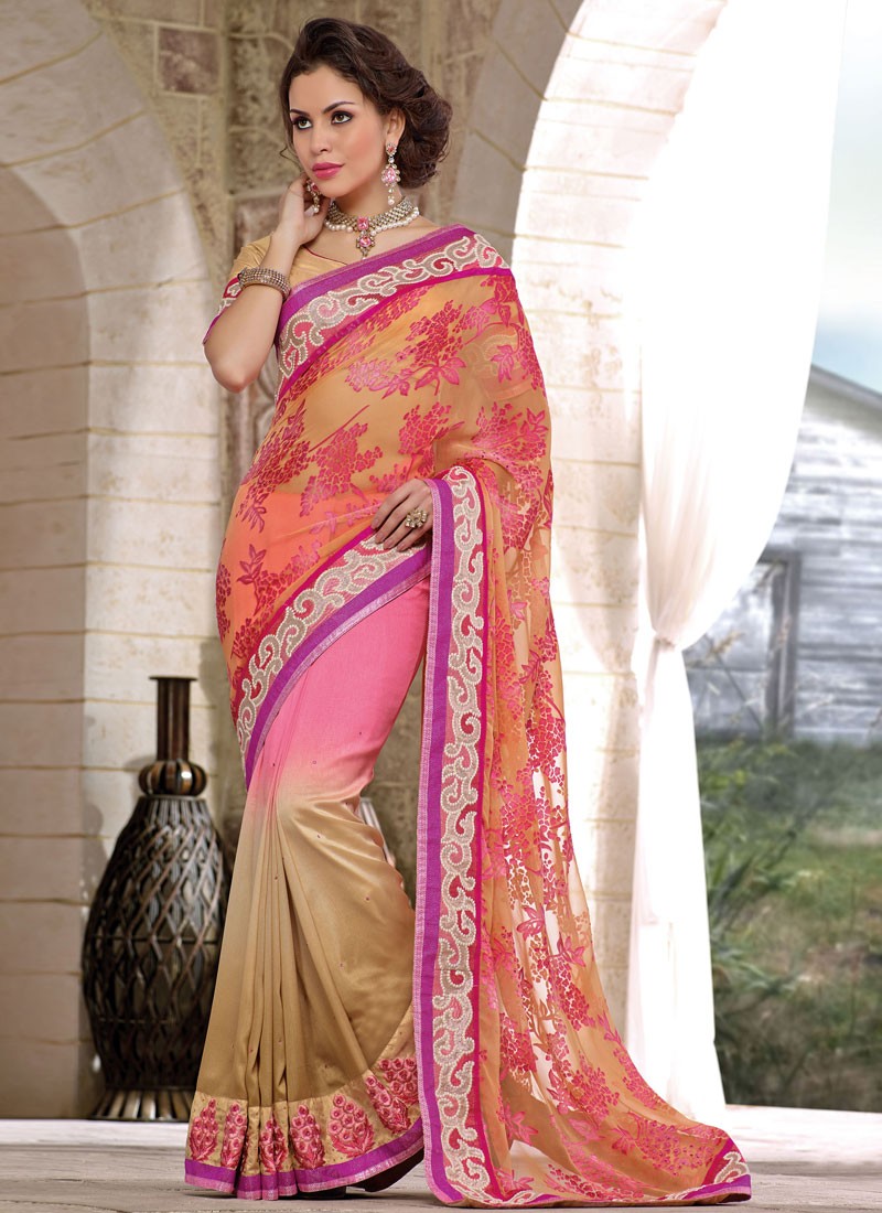 Decent Beige And Pink Shaded Brasso Georgette Saree