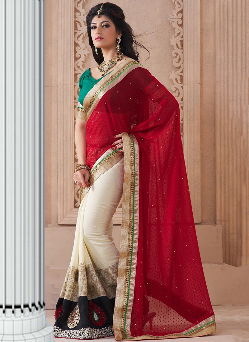 Cream And Maroon Half And Half Saree