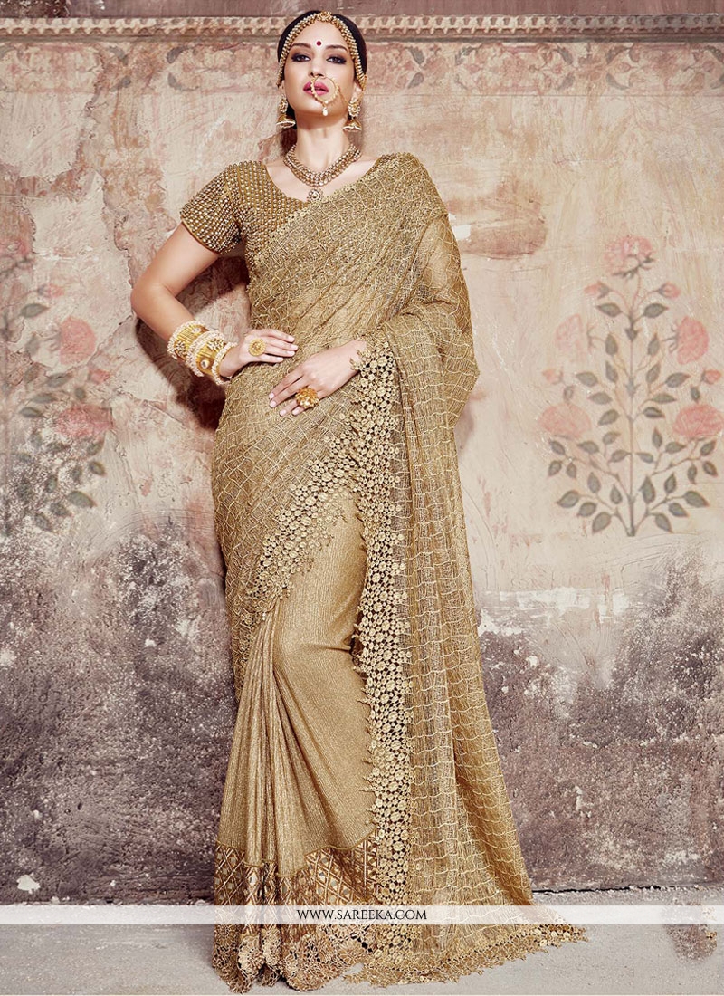 Beige Embroidered Work Fancy Fabric Designer Saree