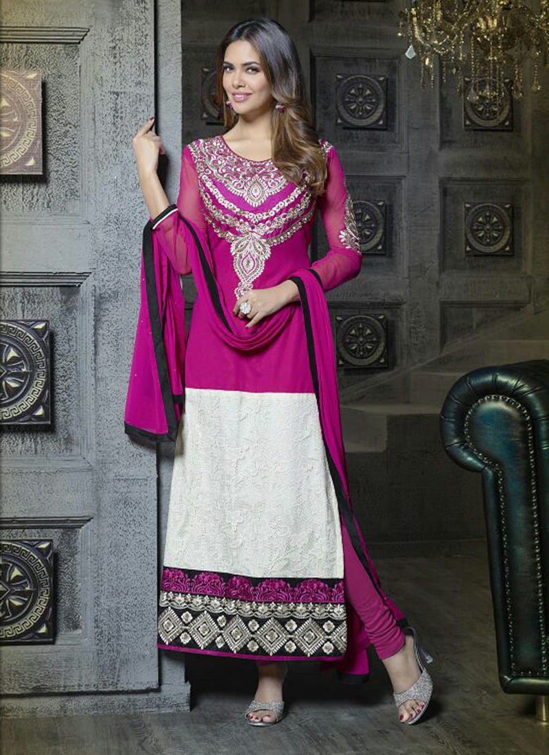 Esha Gupta White And Magenta Georgette Salwar Suit