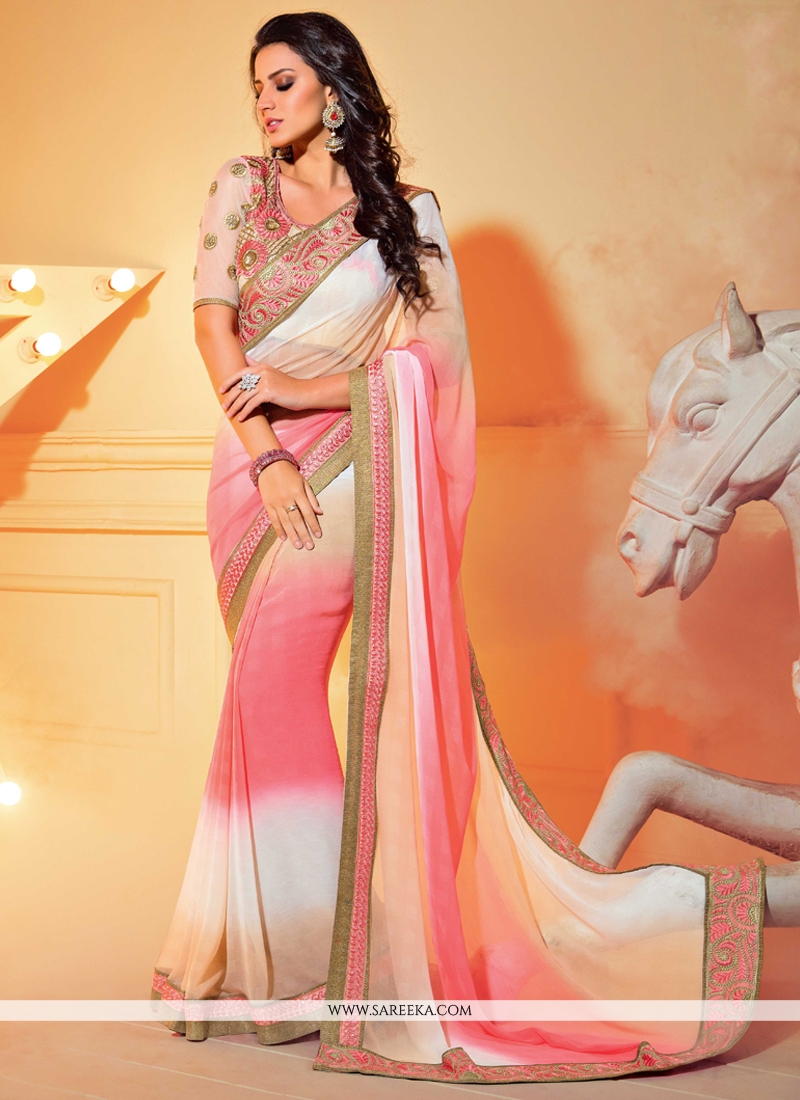 Embroidered Work Pink Designer Saree