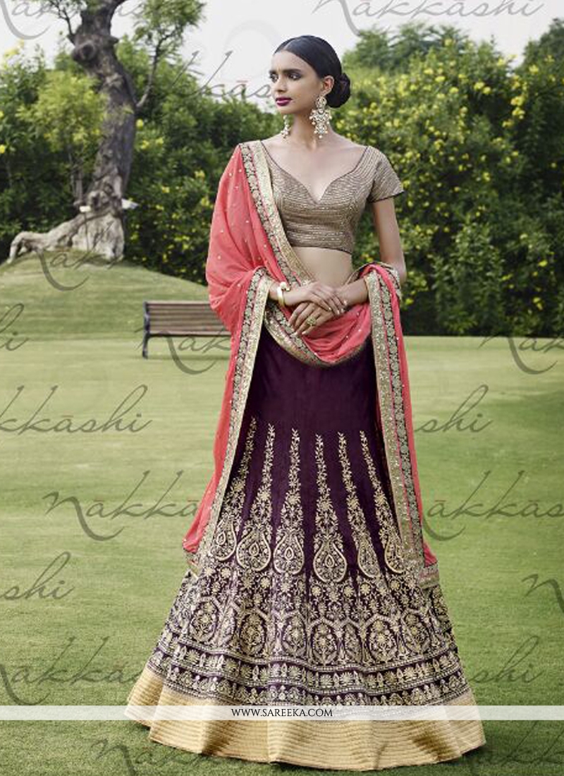 Wine Embroidered Work Georgette A Line Lehenga Choli