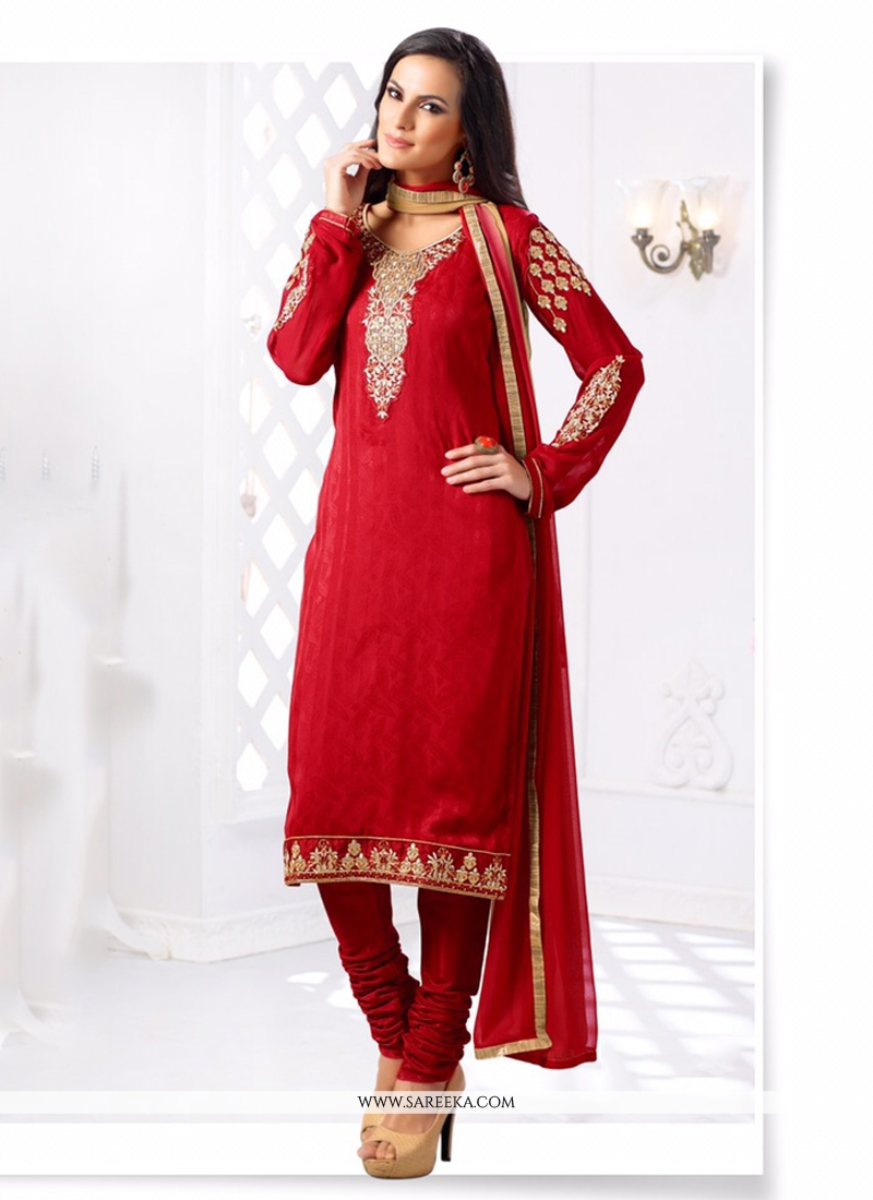 Jacquard Red Embroidered Work Churidar Salwar Kameez