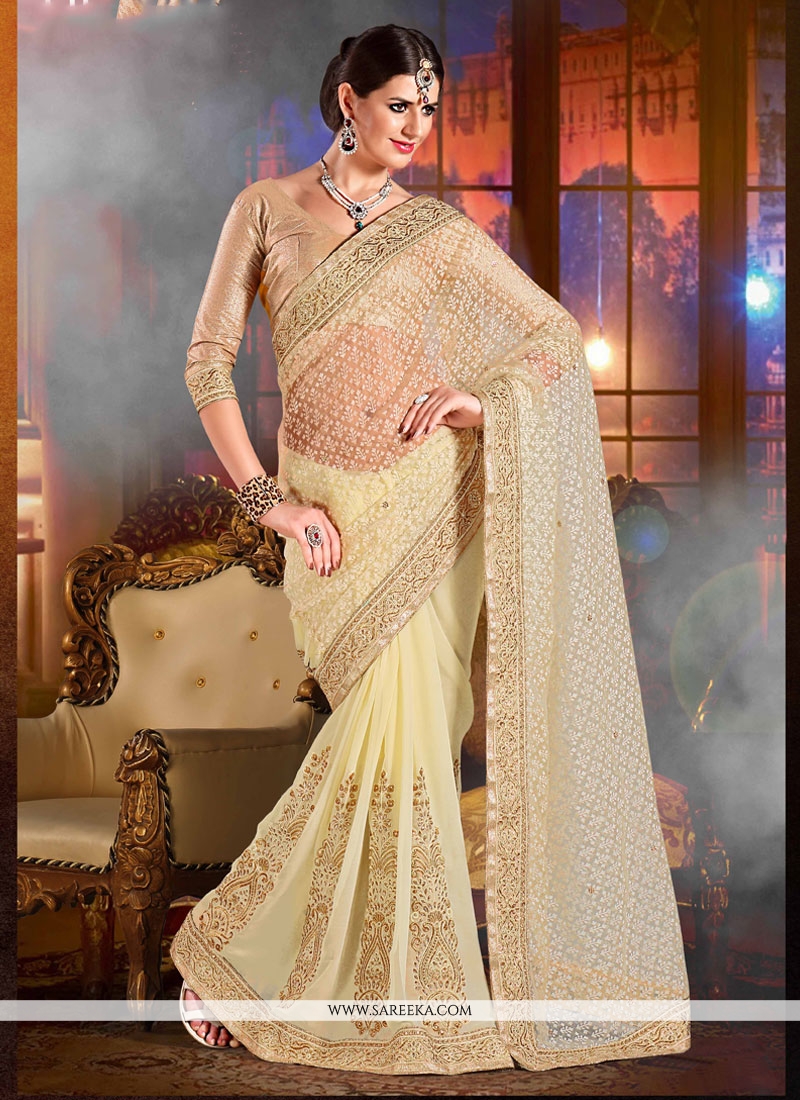 Cream Zari Work Brasso Designer Saree
