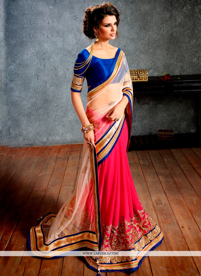Cream and Hot Pink Half N Half Designer Saree