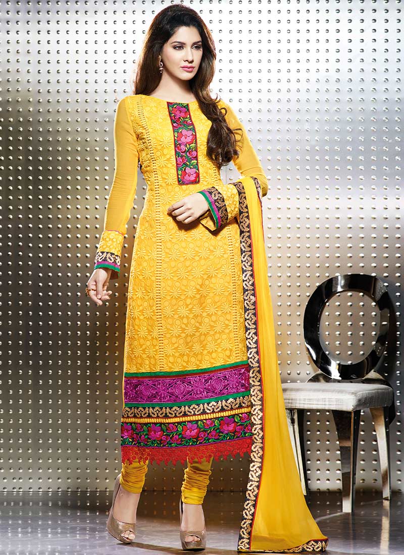 Bright Yellow Georgette Churidar Suit