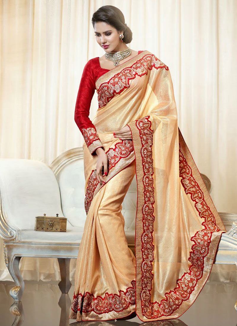 Peach Appliques Work Cotton Saree