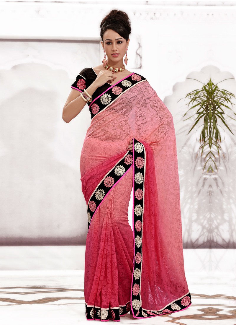 Pink Resham Work Wedding Saree