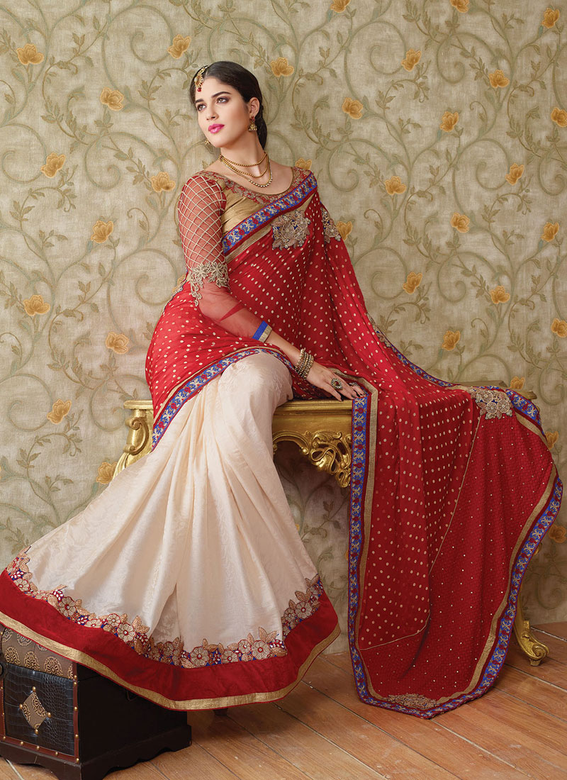 Red And White Embroidery Work Wedding Saree