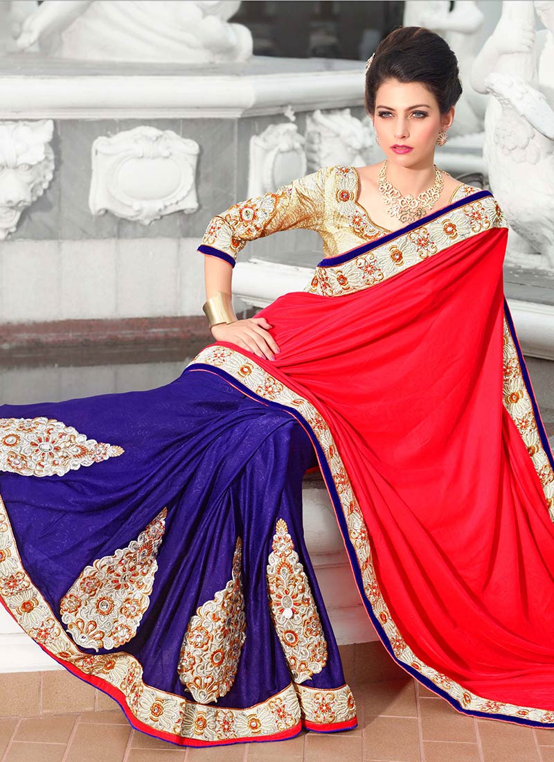 Gorgeous Red Appliqued Half And Half Saree