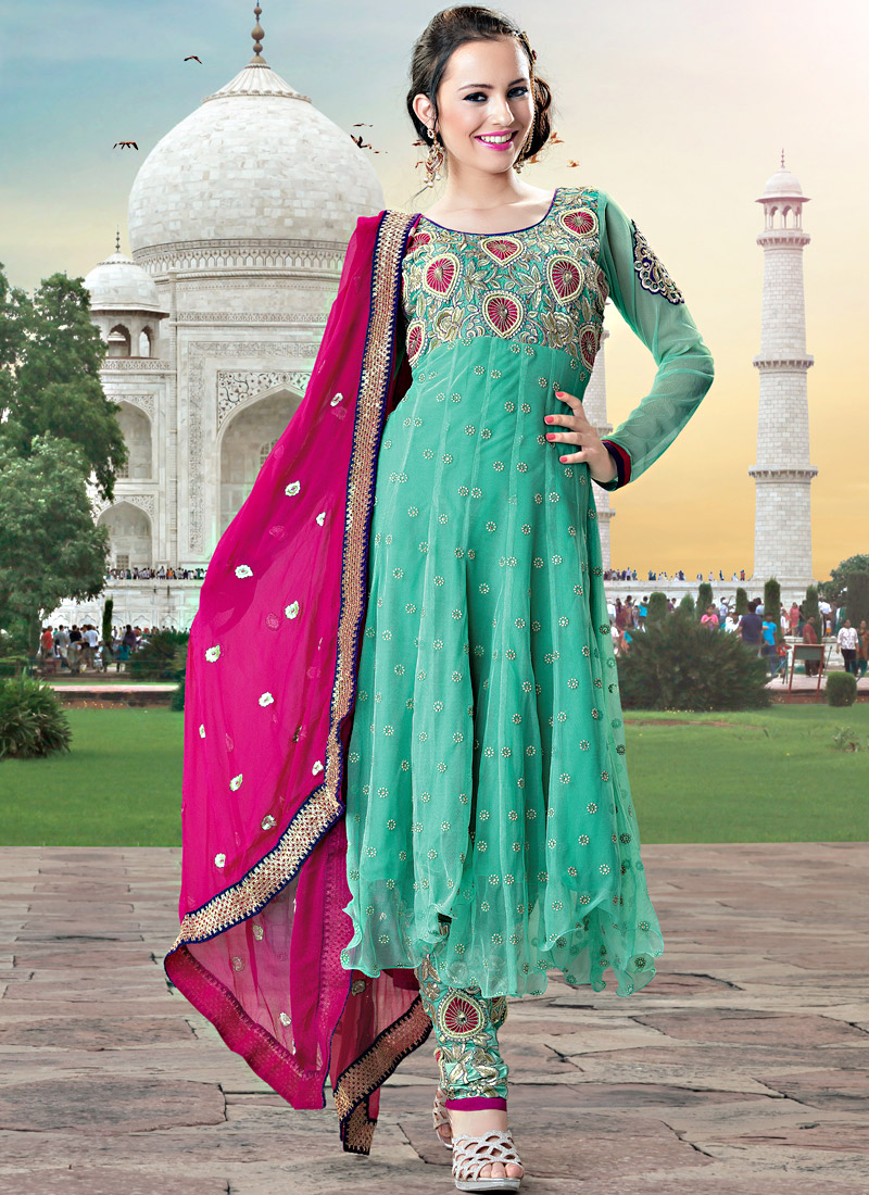 Green Zari Embroidered Net Churidar Suit