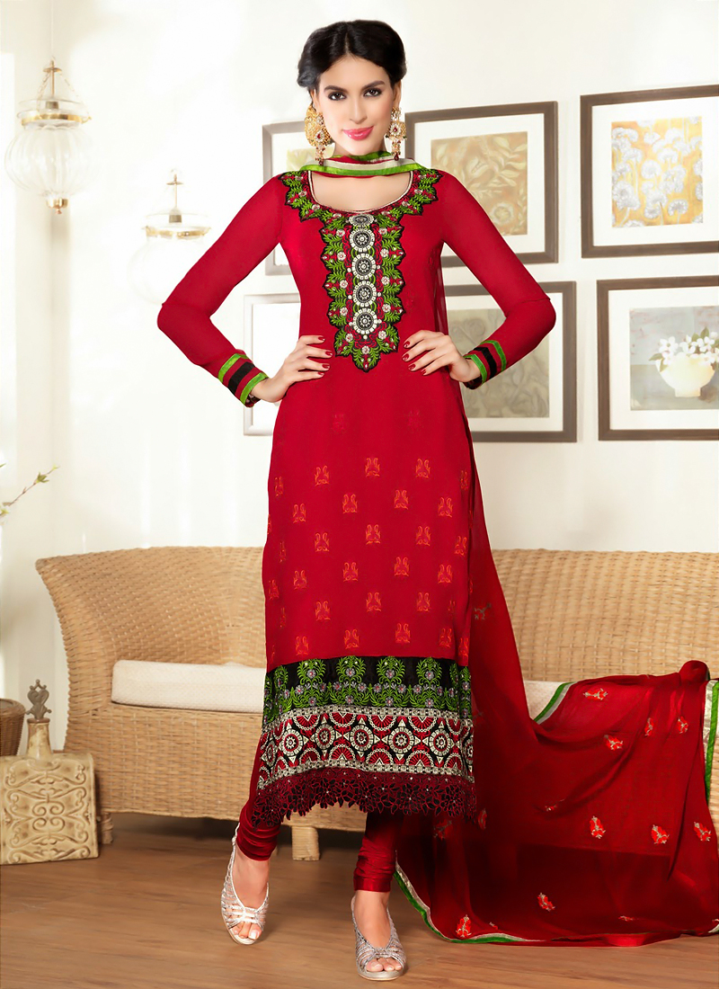 Red Pure Georgette Churidar Suit