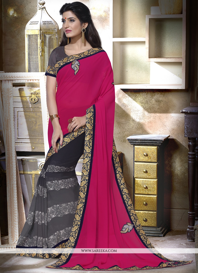 Hot Pink Embroidered Work Georgette Designer Saree