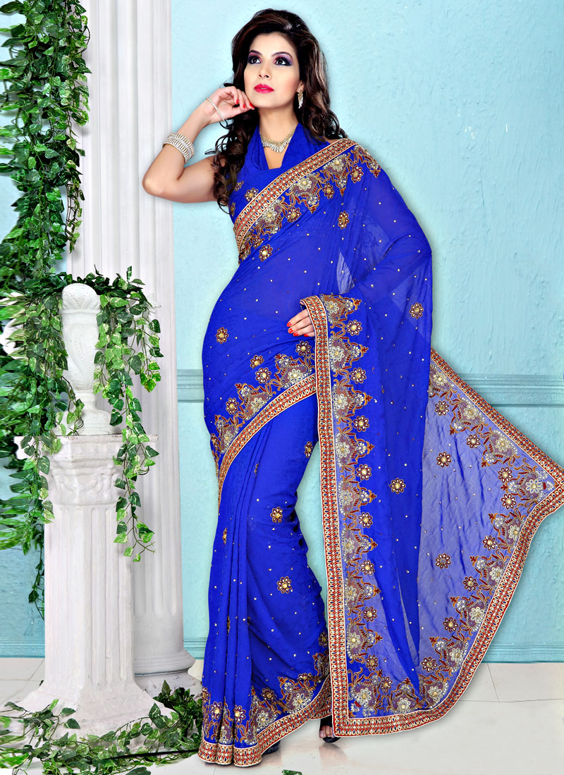 Blue Faux Chiffon Saree