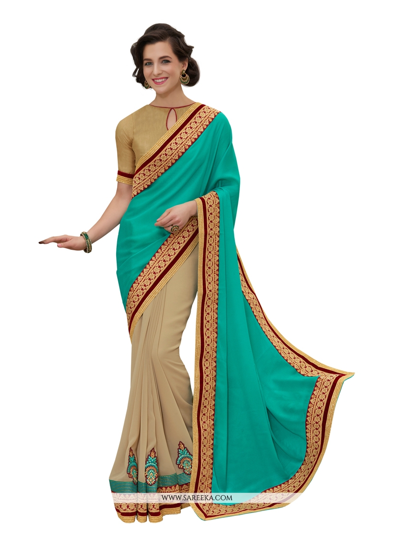 Crepe Jacquard Sea Green Embroidered Work Designer Saree