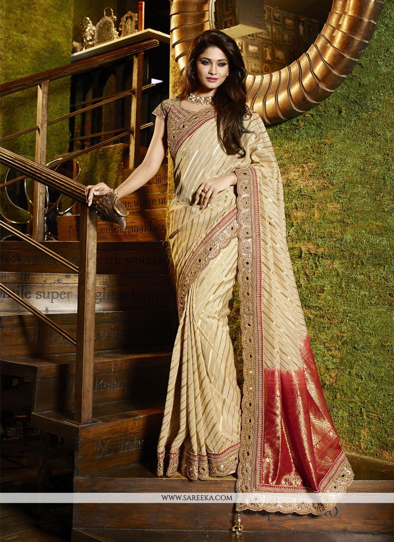 Viscose Cream Designer Saree