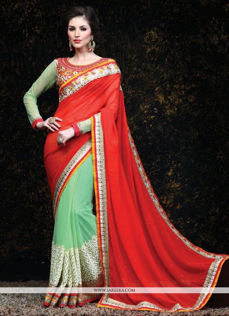 Lurid Green and Red Half N Half Designer Saree