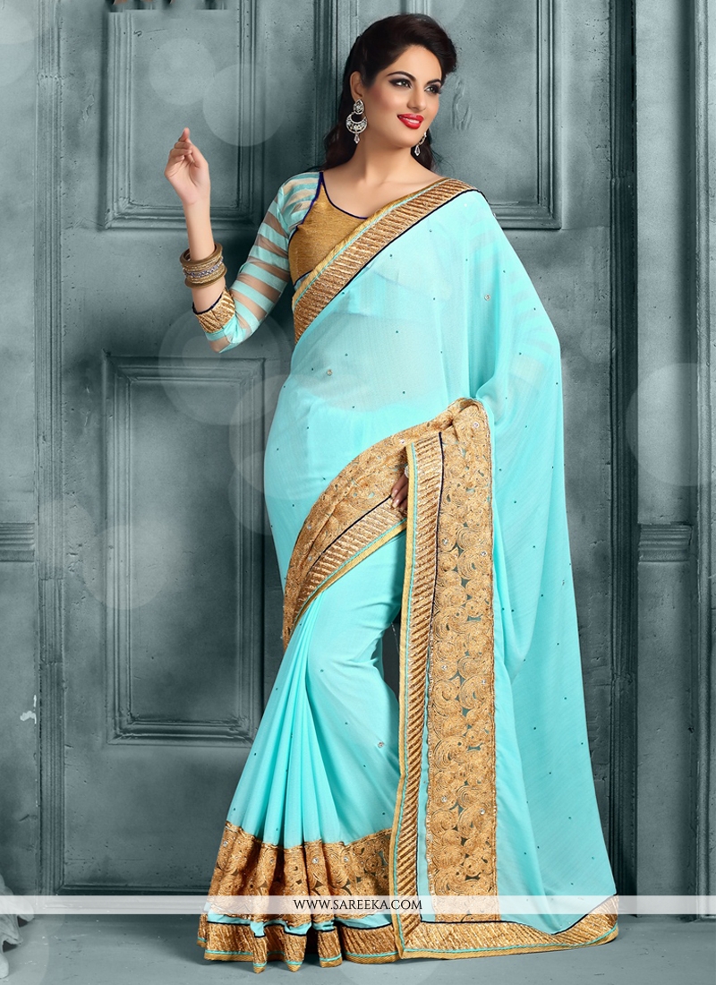 Lurid Turquoise Resham Work Designer Saree