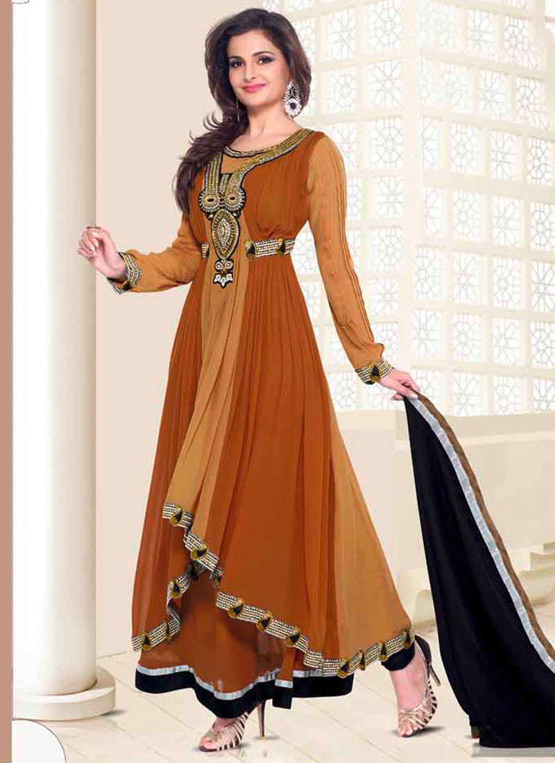 Monica Bedi Brown Georgette Anarkali Suit