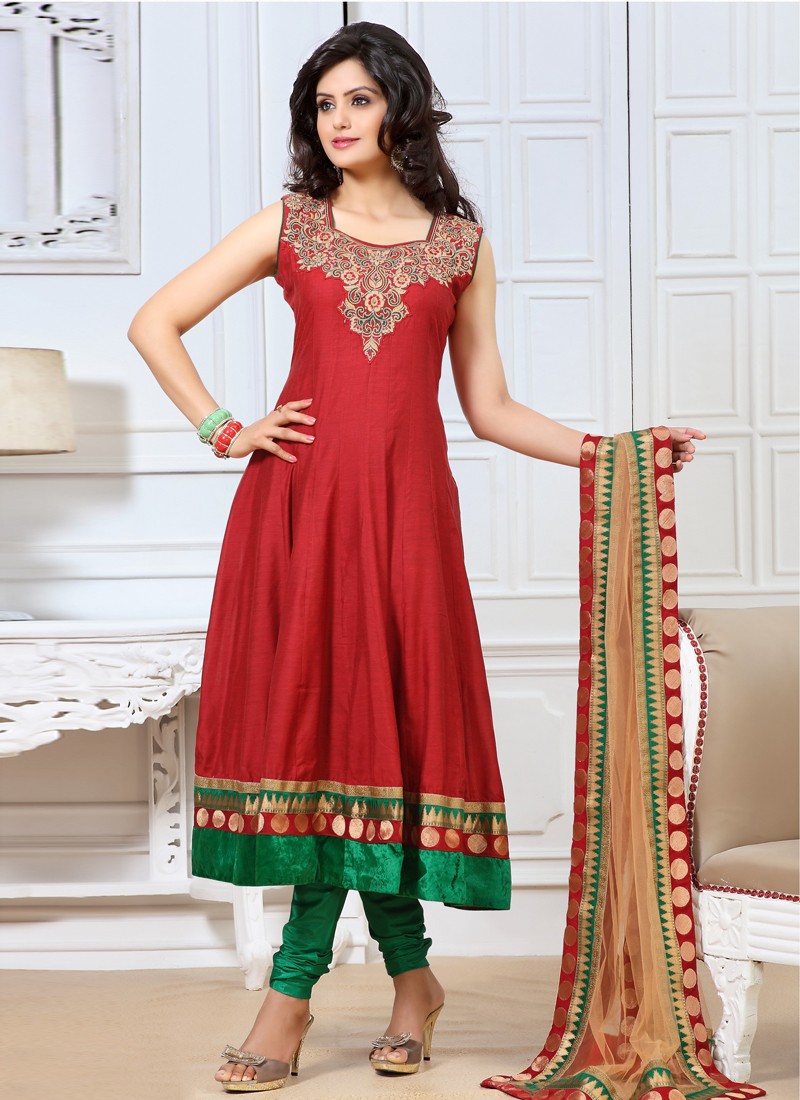 Red Color Cotton Silk Churidar Suit