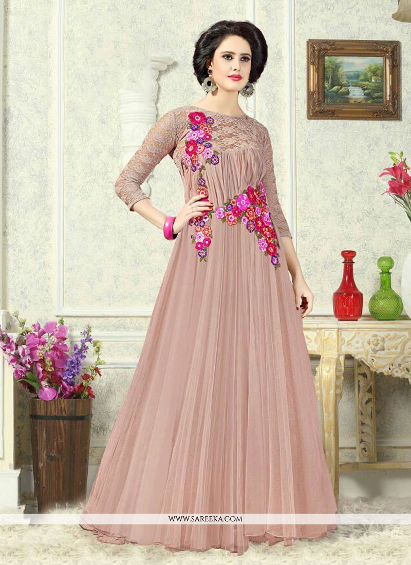 Multi Colour Net Embroidered Work Designer Gown