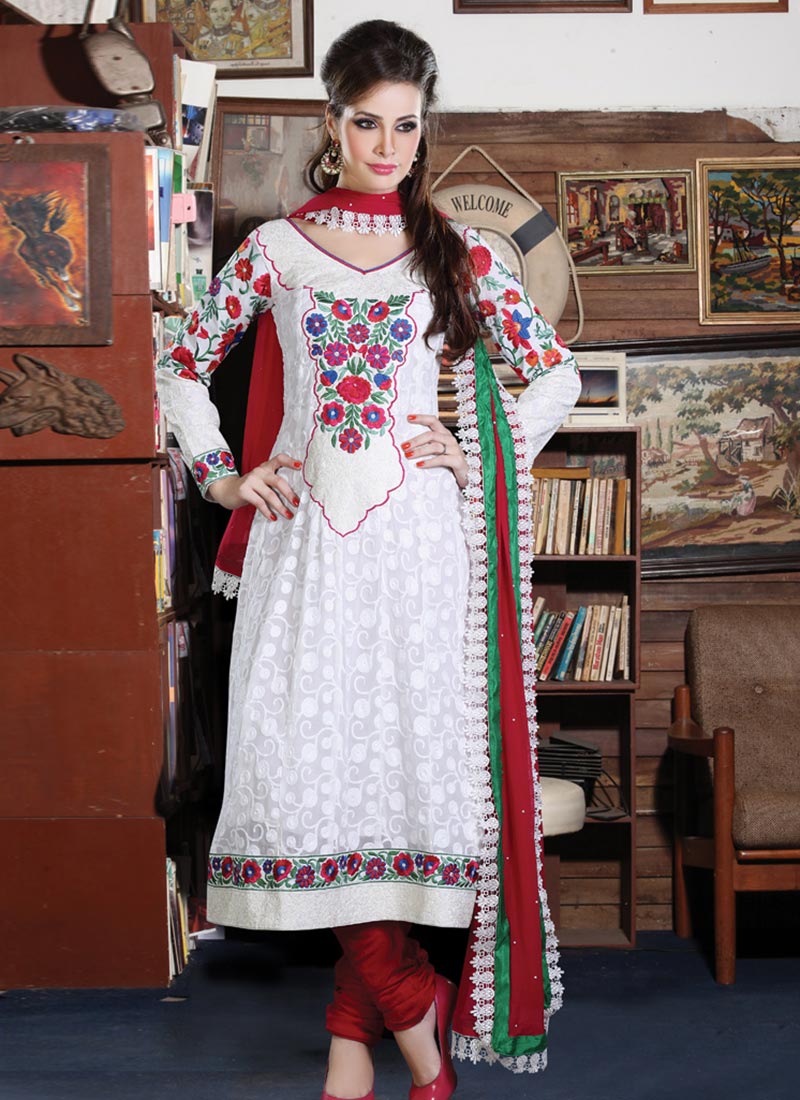 off White Aari Embroidered Churidar Suit